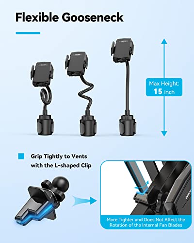 TECKNET Cup Holder Phone Mount for Car - Vent Clip with Cars, Trucks - Adjustable Gooseneck Cradles - Compatible with iPhone, Samsung, Google and Other 4''-7'' Cell Phones