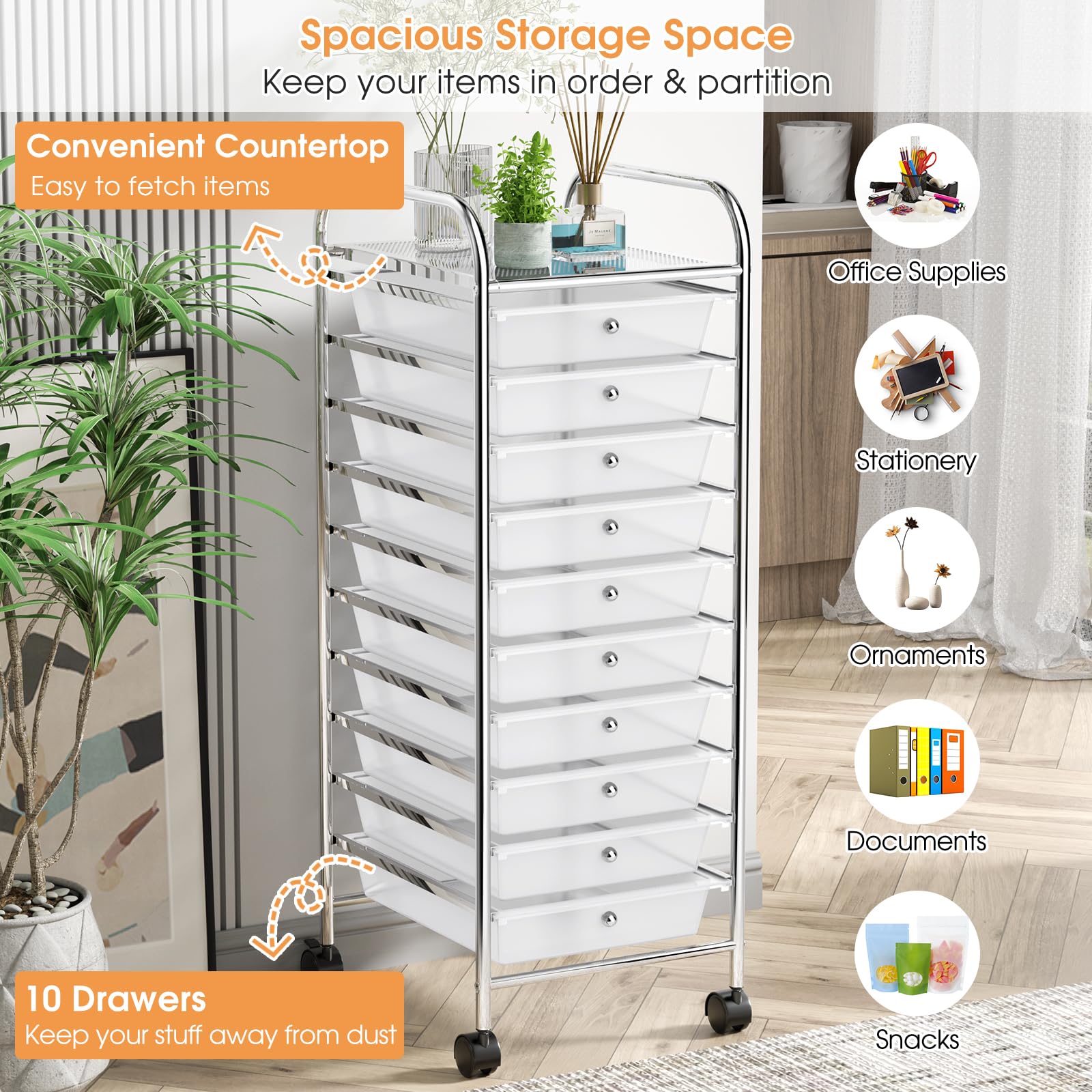 RELAX4LIFE Storage Cart W/10 Drawers,Rolling Wheels Semi-Transparent Multipurpose Mobile Rolling Drawer Cart for School, Office, Home, Beauty Salon Files Arrangement Storage Organizer Cart (Clear)