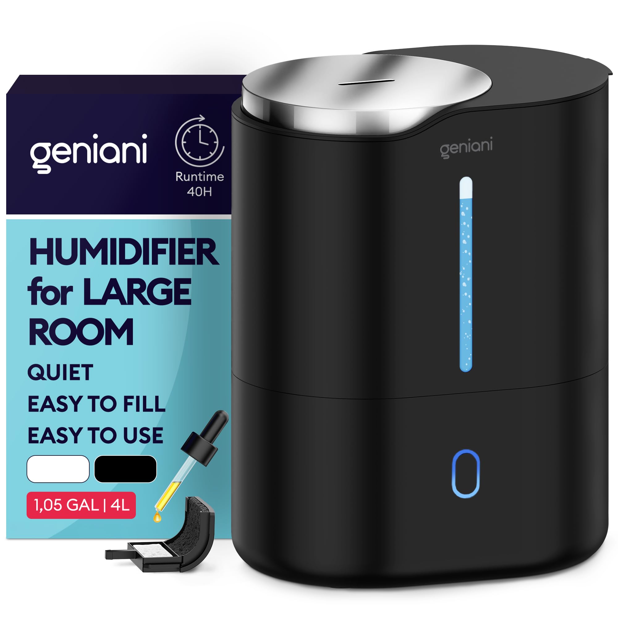 Top Fill Humidifier with Essential Oil Diffuser 4L for Home, Baby, Bedroom, Large Room & Indoor Plants, Cool Mist Ultrasonic Quiet Air Humidifiers, Automatic Humidity Control, Night Light (Black)