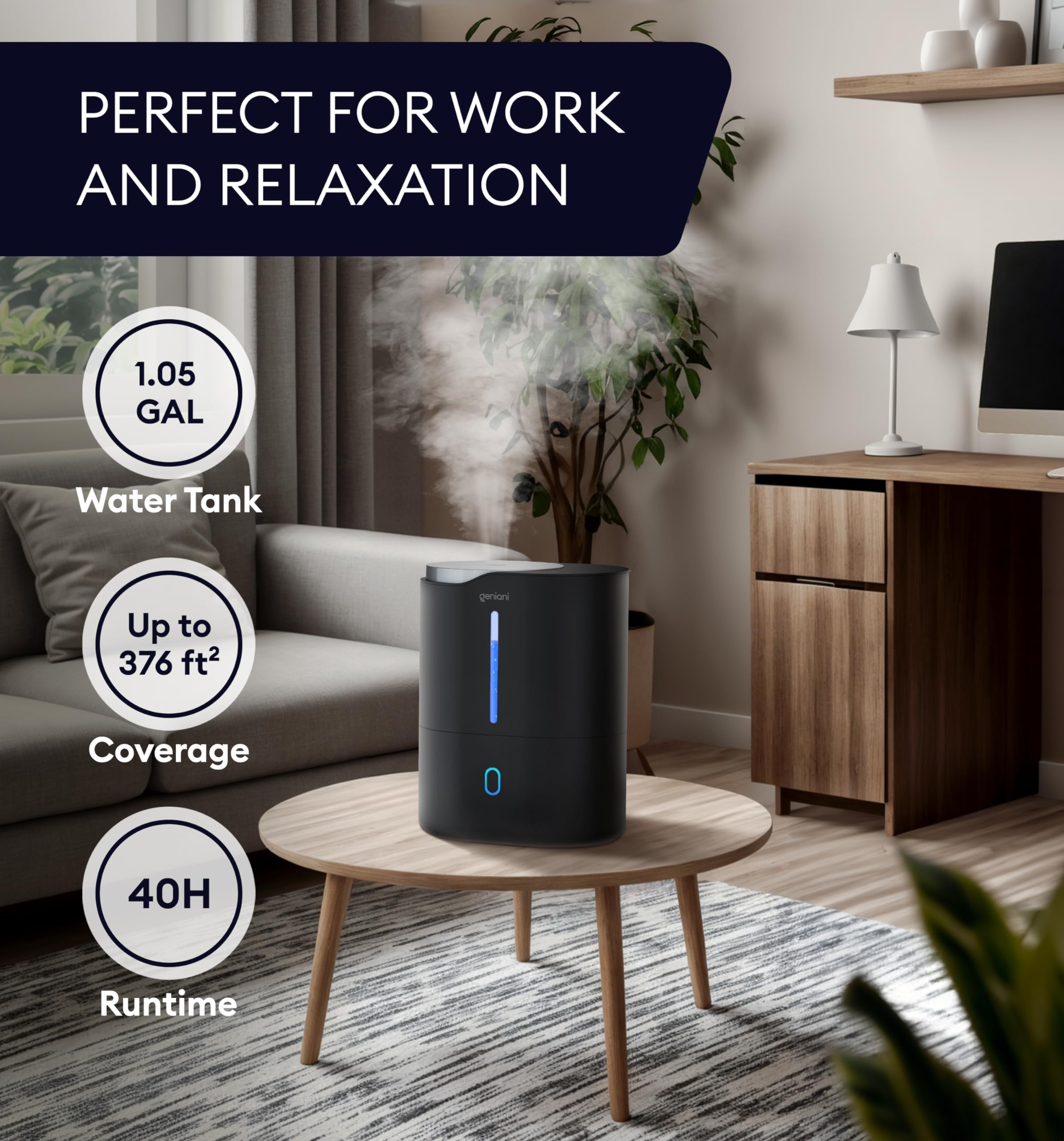 Top Fill Humidifier with Essential Oil Diffuser 4L for Home, Baby, Bedroom, Large Room & Indoor Plants, Cool Mist Ultrasonic Quiet Air Humidifiers, Automatic Humidity Control, Night Light (Black)