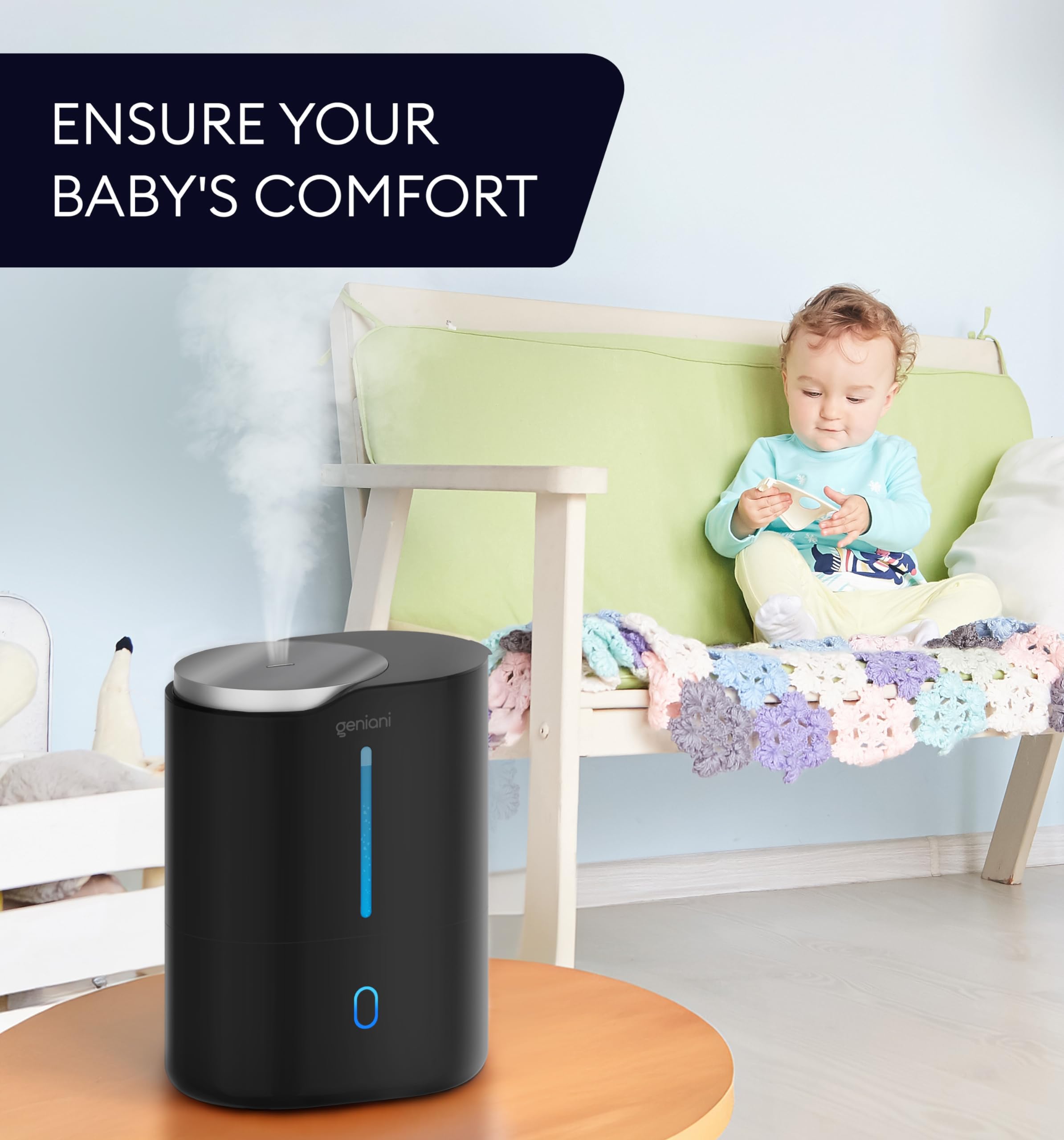Top Fill Humidifier with Essential Oil Diffuser 4L for Home, Baby, Bedroom, Large Room & Indoor Plants, Cool Mist Ultrasonic Quiet Air Humidifiers, Automatic Humidity Control, Night Light (Black)
