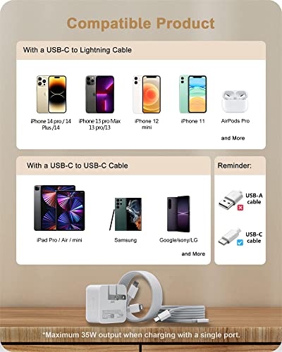 USB-C iPhone Fast Charger,PD 3.0 35W Dual USB-C Port Power Adapter,Cell Phone Wall Charger+USB-C to USB-C/Lightning Cable,Compatible with iPhone 14/13/12/11 /Pro/Max/Se/X/Xr/Xs/8 /8plus /iPad…