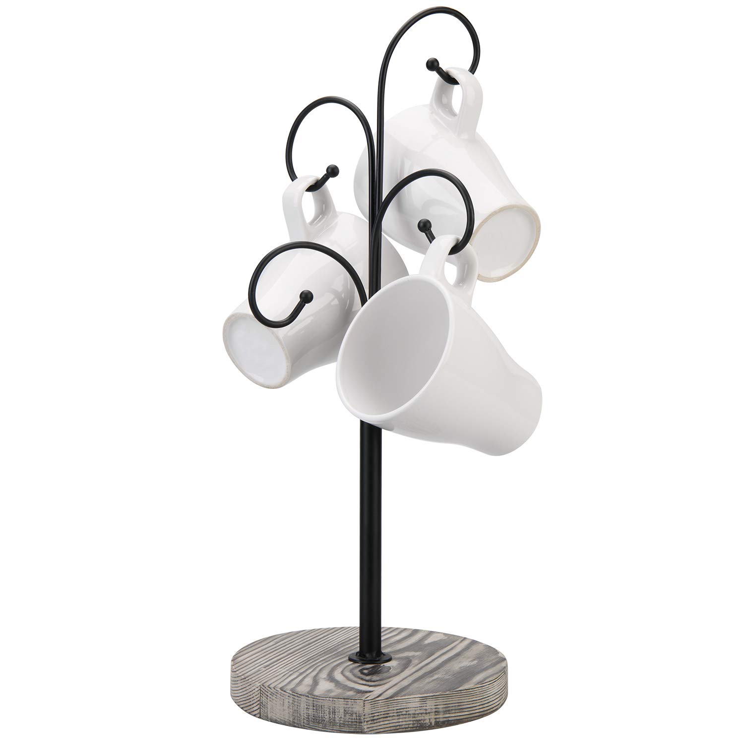 MyGift Black Metal Coffee Mug Tree Rack with 4 Curved Hooks and Grey Wood Base