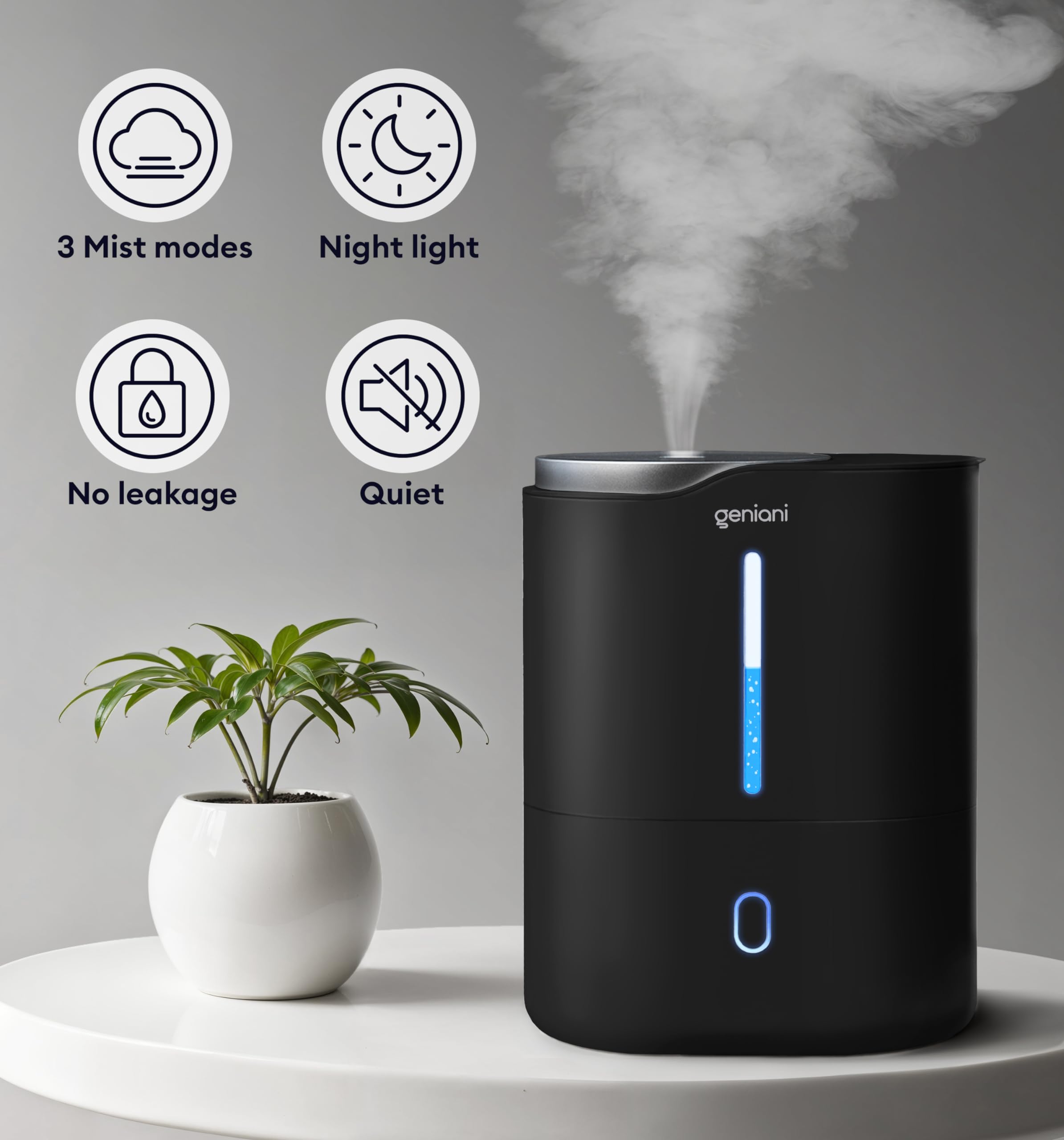 Top Fill Humidifier with Essential Oil Diffuser 4L for Home, Baby, Bedroom, Large Room & Indoor Plants, Cool Mist Ultrasonic Quiet Air Humidifiers, Automatic Humidity Control, Night Light (Black)