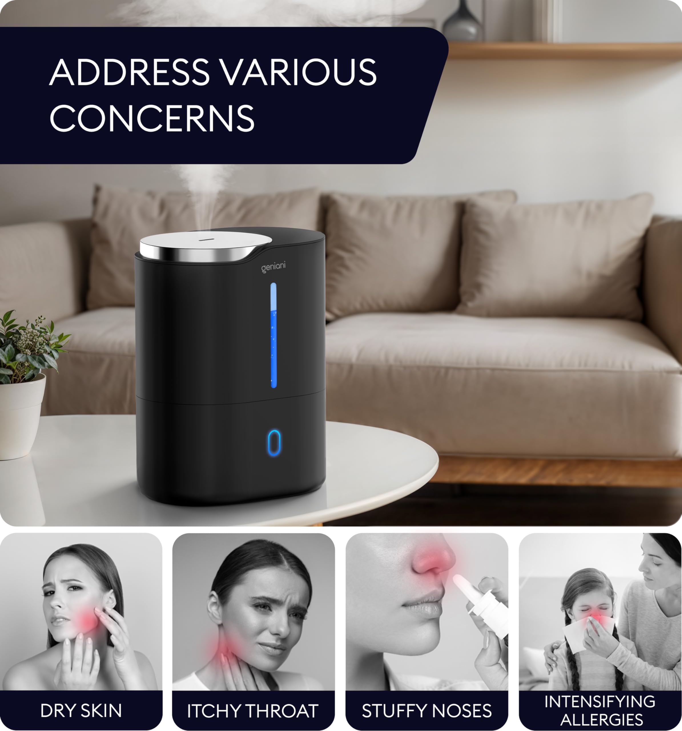 Top Fill Humidifier with Essential Oil Diffuser 4L for Home, Baby, Bedroom, Large Room & Indoor Plants, Cool Mist Ultrasonic Quiet Air Humidifiers, Automatic Humidity Control, Night Light (Black)