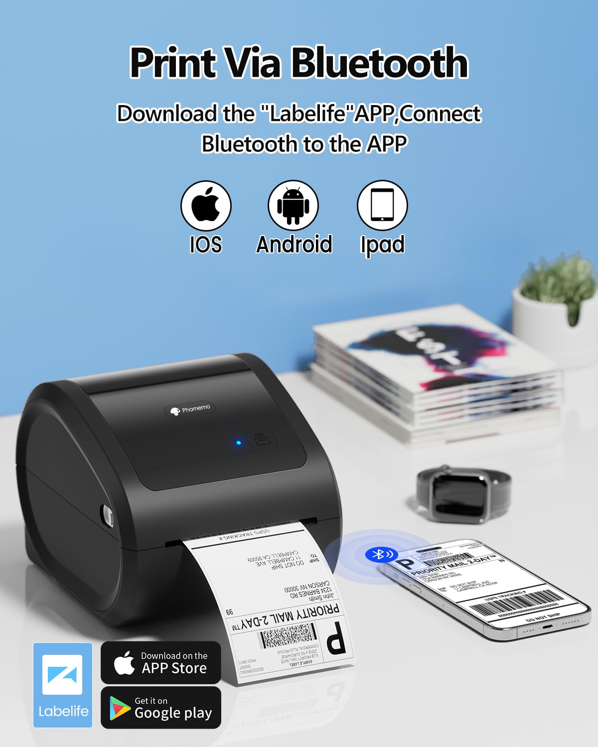 Phomemo Bluetooth Thermal Label Printer 4X6 - D520BT Wireless Shipping Label Printer Build-in Holder, Thermal Label Maker for Return Shipping Package, Compatible with Amazon, USPS, Shopify, Ebay