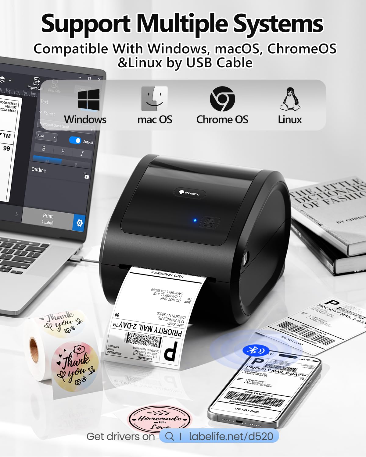 Phomemo Bluetooth Thermal Label Printer 4X6 - D520BT Wireless Shipping Label Printer Build-in Holder, Thermal Label Maker for Return Shipping Package, Compatible with Amazon, USPS, Shopify, Ebay