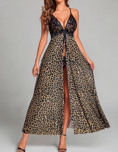 Avidlove Womens Long Nightgown Halloween Lingerie Set Plus Size Lingerie Lace Sleepwer Leopard