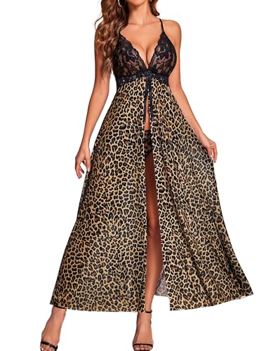 Avidlove Womens Long Nightgown Halloween Lingerie Set Plus Size Lingerie Lace Sleepwer Leopard