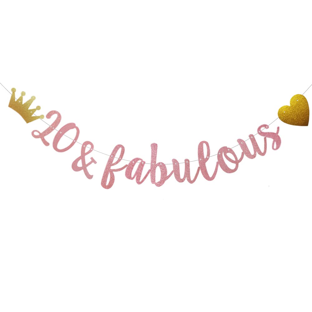 20 & Fabulous Banner, Pre-Strung, No Assembly Required, Funny Rose Gold Paper Glitter Party Decorations for 20th Birthday Party Supplies, Letters Rose Gold,ABCpartyland
