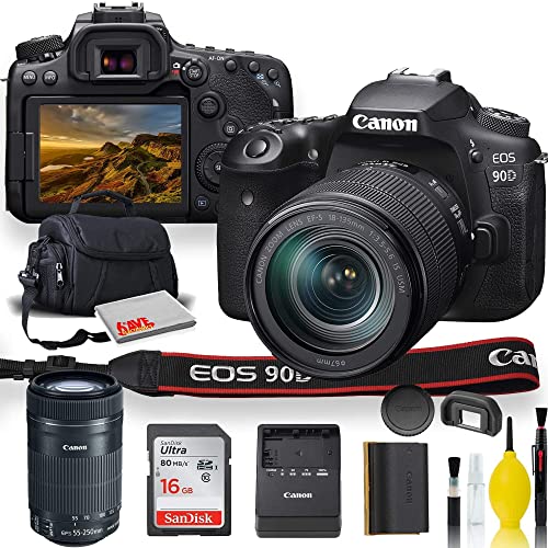 Canon EOS 90D DSLR Camera with 18-135mm Lens, Canon EF-S 55-250mm f/4-5.6 is STM Lens, Soft Padded Case, Memory Card, and More (Renewed)