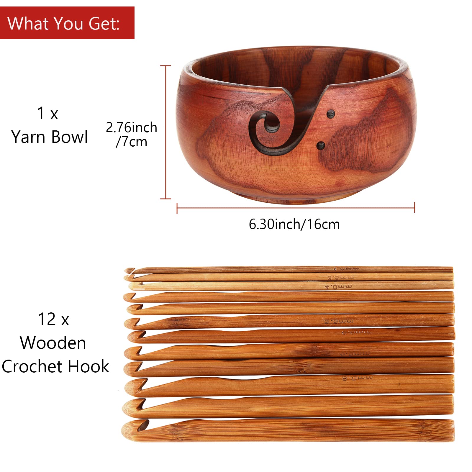 FVIEXE Wooden Yarn Bowl, Yarn Holder Bowls for Knitting & Crocheting Handmade Yarn Storage Bowls & Accessories Wool Storage with Holes Including 12PCS Crochet Hooks Gift for Mothers Day
