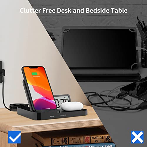 MeesMeek 15W Max Foldable Wireless Charging Station with 18W QC Power Adapter and USB-C Cable, 3 in 1 - Mobile Phone Wireless Charger Dock/Earbuds Qi Pad/Alarm Clock (Black)