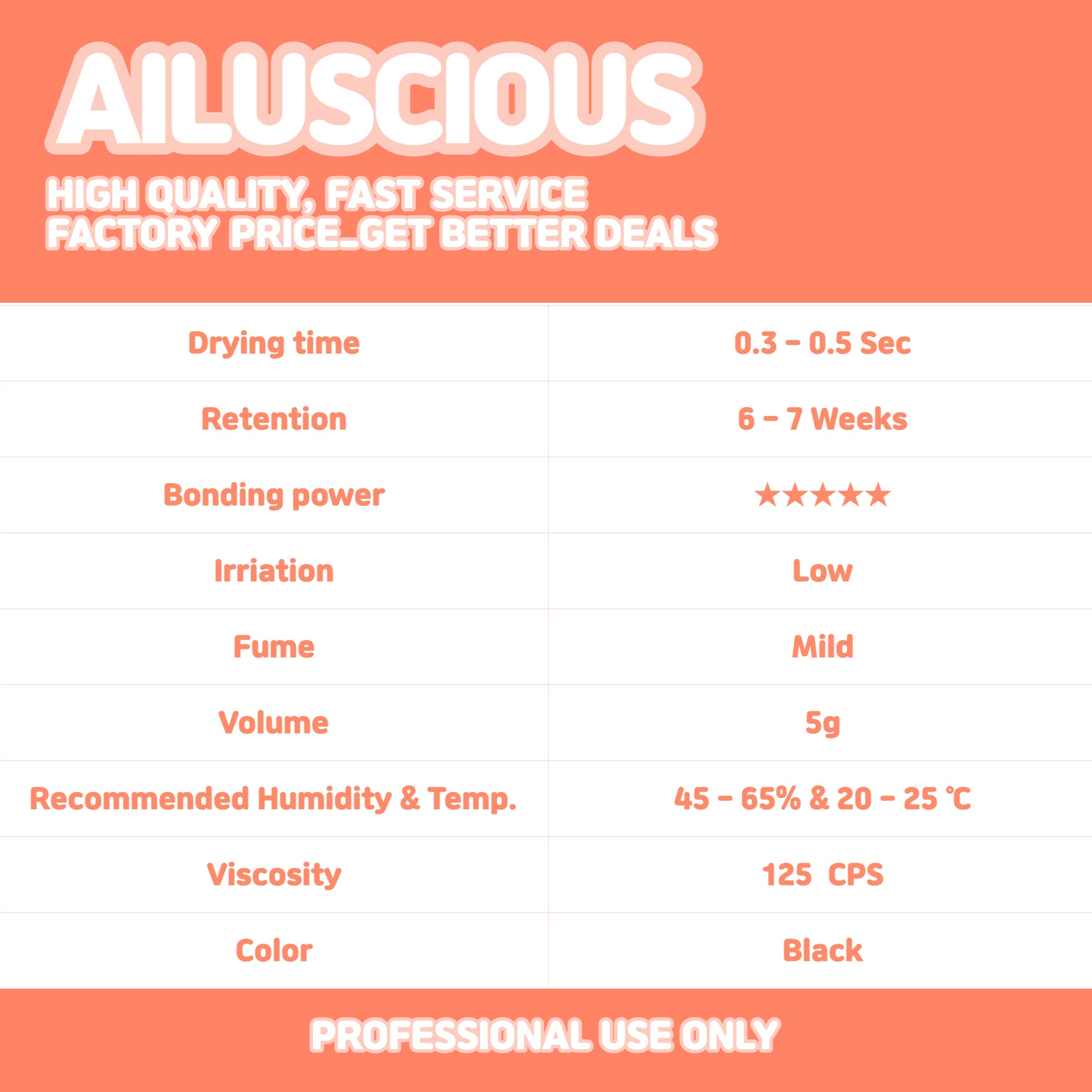 Ailuscious / Super Fast / Eyelash Extension Glue / Professional Lash Extensions / 0.3 - 0.5 Sec Dry Time / 6 - 7 weeks Retention / 5g False Eyelash Lash Glue