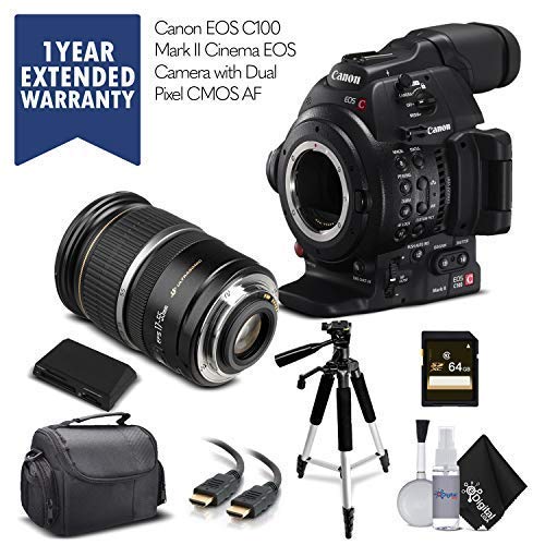 Canon EOS C100 Mark II with Dual Pixel CMOS AF 0202C002 & 17-55MM Lens with Memory Card, Case, Tripod, Starter Bundle (Renewed)