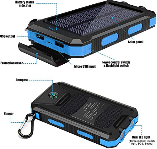 Solar Charger,20000mAh Portable Solar Power Bank,Waterproof External Backup Battery Power Pack Charger with 2 USB/LED Flashlights Compatible with iPhone,Tablet,Android,Suitable for Outdoor Camping