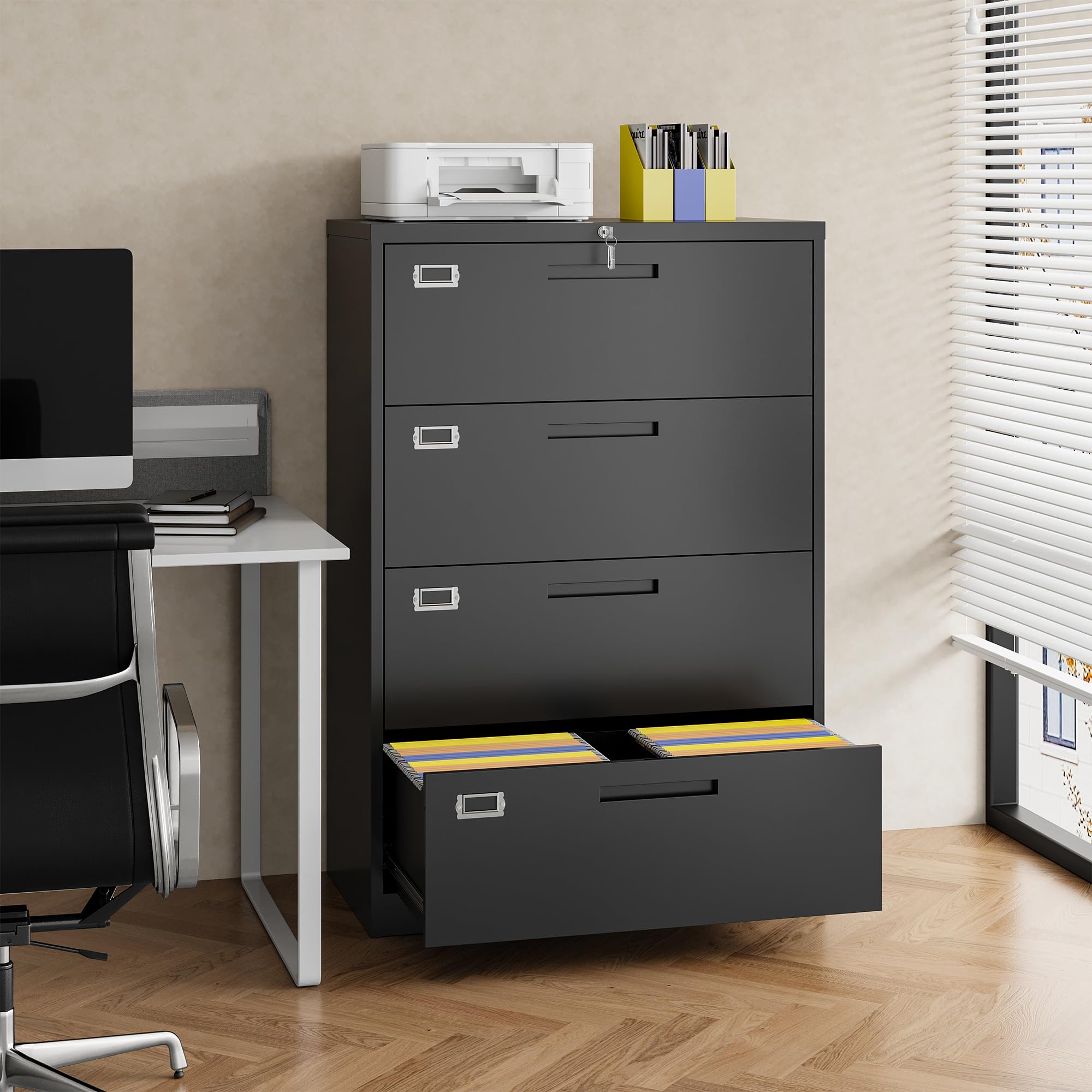 STANI Lateral File Cabinet, 4 Drawer Metal Storage File Cabinet with Lock, Metal Lateral File Cabinet for Home and Office, Assembly Required