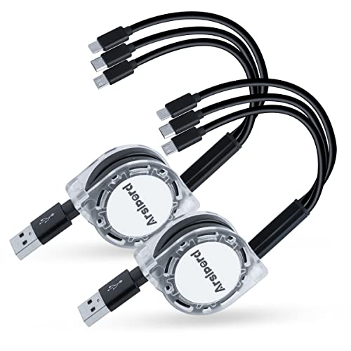 Multi USB Retractable Charger Cable,Arsiped 2 Pack 3 in 1 Multiple Charging Cord Adapter with Mini Type C Micro USB Port Connectors Compatible with Cell Phones Tablets Universal Use (3.3ft/Black) …