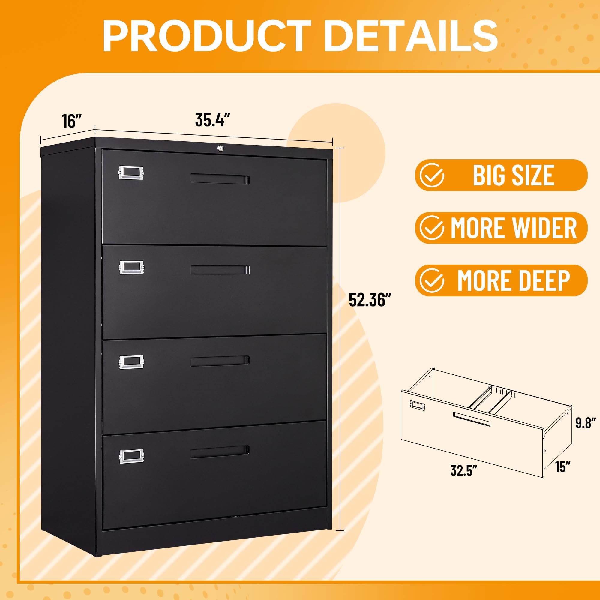 STANI Lateral File Cabinet, 4 Drawer Metal Storage File Cabinet with Lock, Metal Lateral File Cabinet for Home and Office, Assembly Required