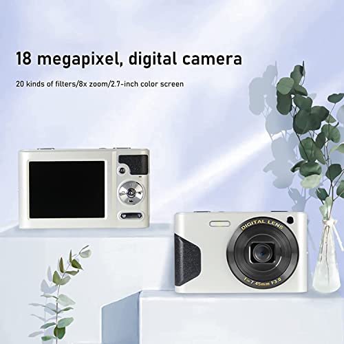 Digital Camera 18MP 2.7-Inch LCD Screen 8X Digital Zoom FHD 1080P Digital Camera Compact Camera Students Boys Girls Gift Support Connect to Computer Print (White)