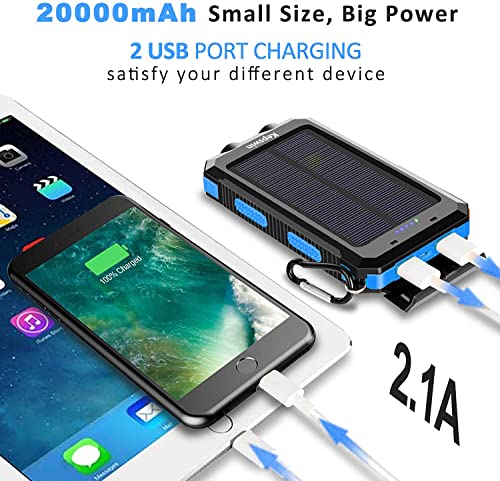 Solar Charger,20000mAh Portable Solar Power Bank,Waterproof External Backup Battery Power Pack Charger with 2 USB/LED Flashlights Compatible with iPhone,Tablet,Android,Suitable for Outdoor Camping