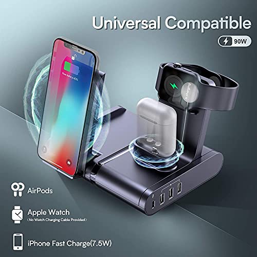 seenda Charging Station for Multiple Devices - 90W Fast Charger Station with 4 USB Ports (1 USB C + 3 USB A) and 10W Wireless Charger for iWatch AirPods iPhone MacBook,Tablet iPad and More