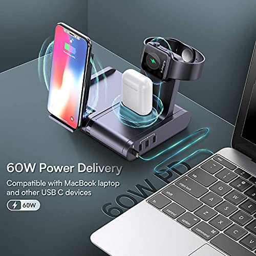 seenda Charging Station for Multiple Devices - 90W Fast Charger Station with 4 USB Ports (1 USB C + 3 USB A) and 10W Wireless Charger for iWatch AirPods iPhone MacBook,Tablet iPad and More