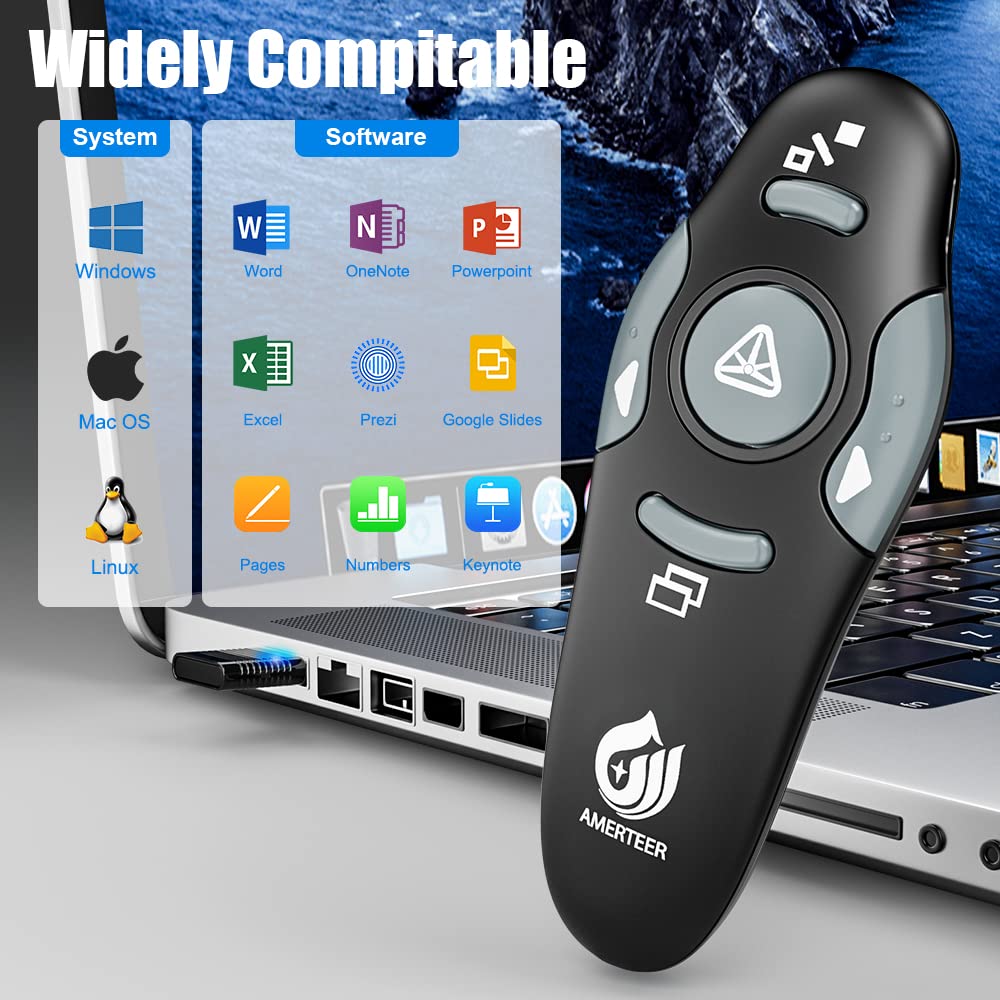 AMERTEER Wireless Presenter, PPT Controller Presentation Remote Control Laser Pointer USB Mouse Clicker Flip Pen