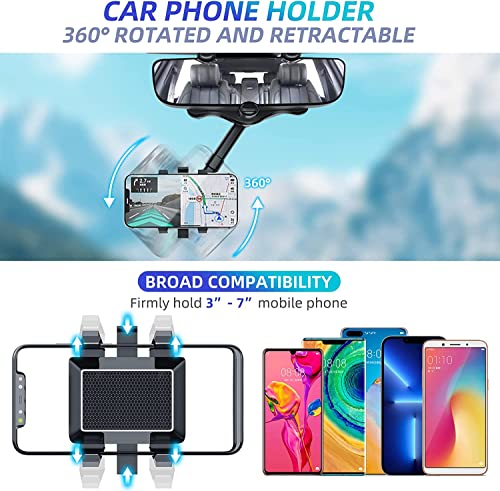 Phone Mount for Cars, 360°Rotatable and Retractable Car Phone Holder Mount Multifunctional Rearview Mirror Phone Holder Car Adjustable Cell Phone Holder for iPhone,Samsung,Huawei and All Smartphones