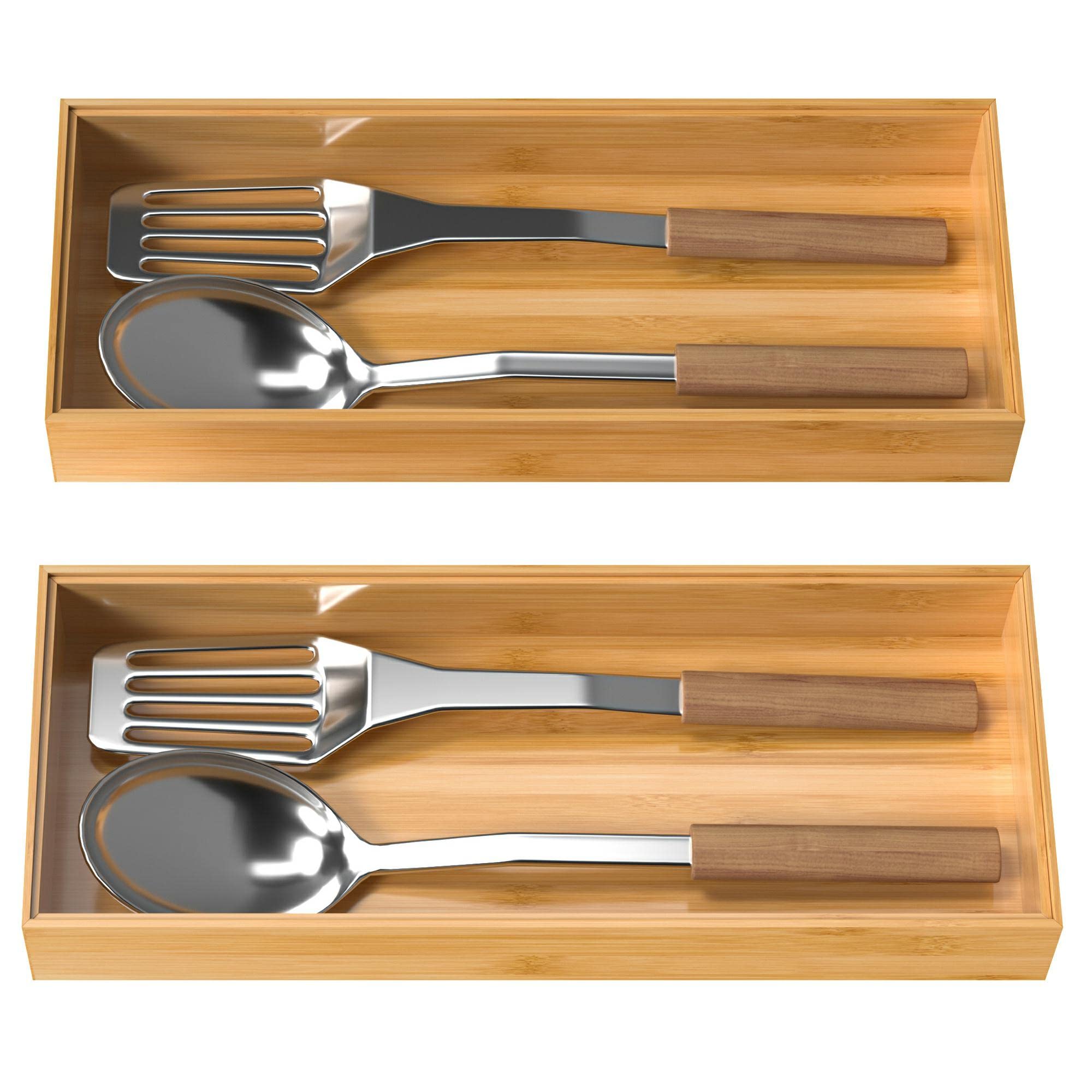 VeyFey Bamboo Drawer Organizer, Stackable Utensil Organizer for Kitchen, Bamboo Storage Box Wood Silverware Tray for Drawer 15" x 6" x 2" Set of 2