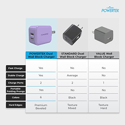 Liquipel Powertek Dual USB-A Wall Charger, Beveled Edges, Foldable, Compact, Pastel Colors (Purple)