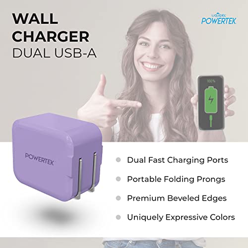 Liquipel Powertek Dual USB-A Wall Charger, Beveled Edges, Foldable, Compact, Pastel Colors (Purple)