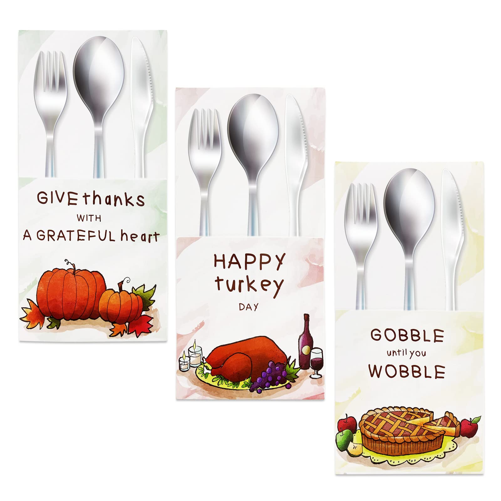 24PCS Thanksgiving Day Cutlery Silverware Holders - Turkey Fall Give Thanks Party Dinner Table Supplies Decorations