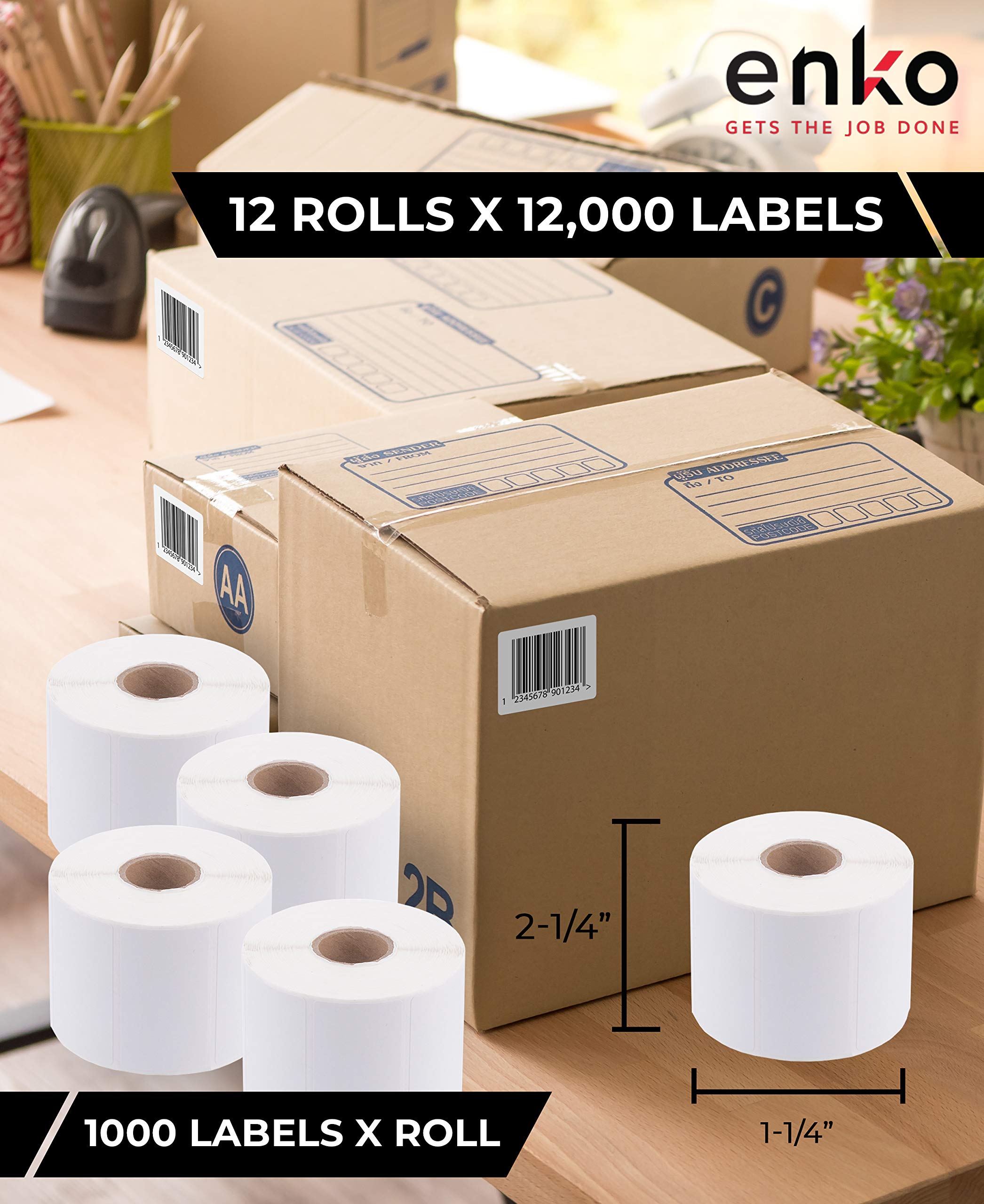 enKo Direct Thermal Labels 2-1/4 x 1-1/4 inches (12 Rolls, 12,000 Labels) Perforated Thermal Stickers for Address Mailing, Barcode, FBA Stickers, FNSKU Labels for Zebra, Rollo, Eltron Printer