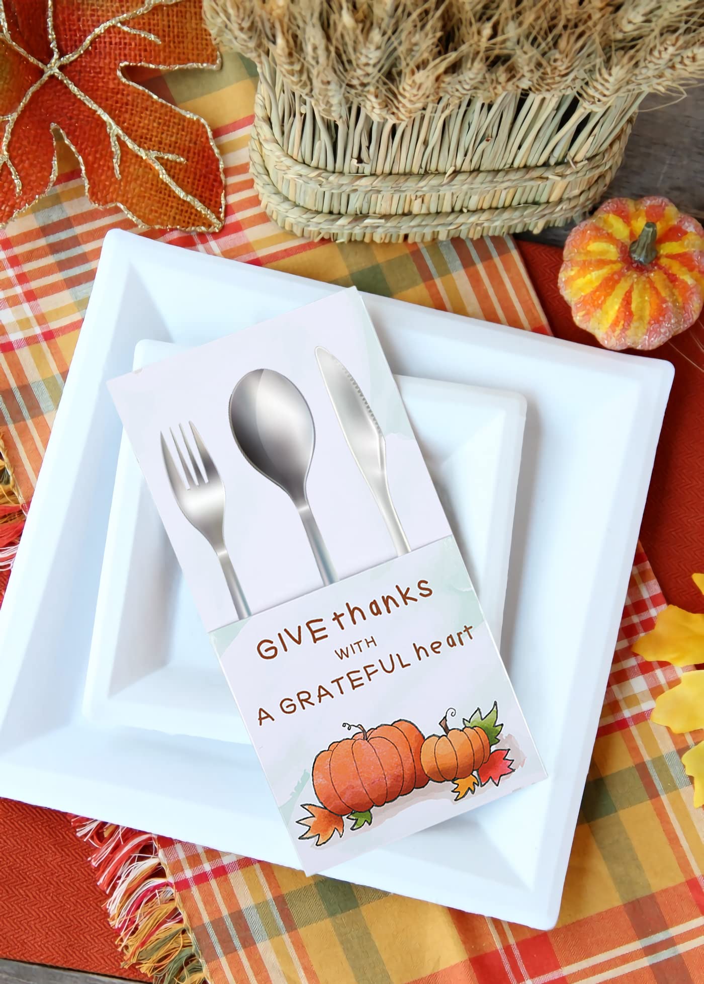 24PCS Thanksgiving Day Cutlery Silverware Holders - Turkey Fall Give Thanks Party Dinner Table Supplies Decorations