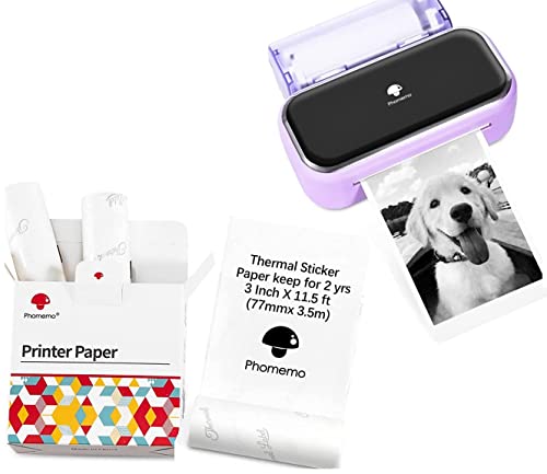 Phomemo M03 Pocket Printer- Portable Printer Photo Printer with 3 Roll 3 Inch Black on White, 77mm x 3.5m, 3 Inch X 11.5 ft, Compatible with iOS + Android for Photos, Journalist, Work, Plan-(Purple)