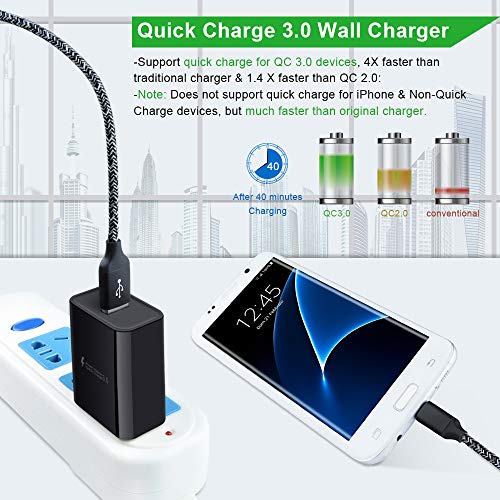 Android Fast Charger for Samsung Galaxy S7 S6 Edge A10 A6 J8 J7 J5 J3 J2 Note 5,LG Stylo 3 2 K40 K30 K20,Moto E7 E6 E5 G5,Kindle fire,Quick Charge 3.0 Wall Charger Car Adapter+3FT 6FT Micro USB Cable