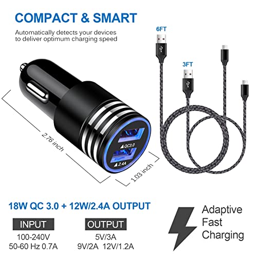 Android Fast Charger for Samsung Galaxy S7 S6 Edge A10 A6 J8 J7 J5 J3 J2 Note 5,LG Stylo 3 2 K40 K30 K20,Moto E7 E6 E5 G5,Kindle fire,Quick Charge 3.0 Wall Charger Car Adapter+3FT 6FT Micro USB Cable