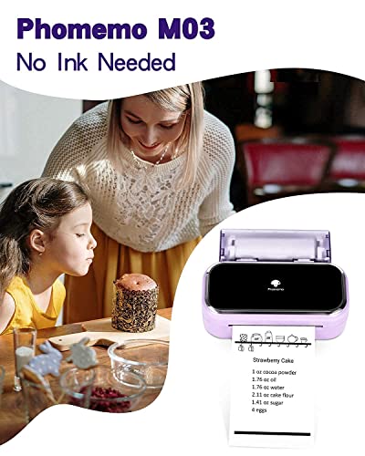 Phomemo M03 Pocket Printer- Portable Printer Photo Printer with 3 Roll 3 Inch Black on White, 77mm x 3.5m, 3 Inch X 11.5 ft, Compatible with iOS + Android for Photos, Journalist, Work, Plan-(Purple)