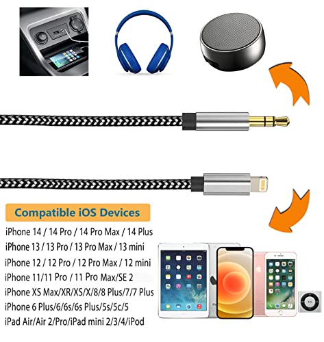 [Apple MFi Certified] iPhone AUX Cord for Car Stereo, Lightning to 3.5mm Audio Cable Compatible with iPhone 14/13/12/11/XR/XS/X/8/7/6/iPad to Car Home Stereo Speaker Headphone, 3.3ft