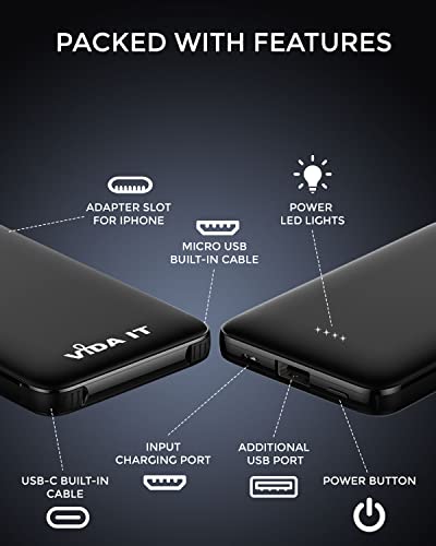 Vida IT Compact Power Bank Portable Charger for Samsung Galaxy S21 S20 S10 S7 Edge Google Pixel 6 6A 5 4 4A Motorola LG Android Cell Phone USB-C External Battery Pack 5000mAh with Built-in Cable