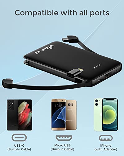 Vida IT Compact Power Bank Portable Charger for Samsung Galaxy S21 S20 S10 S7 Edge Google Pixel 6 6A 5 4 4A Motorola LG Android Cell Phone USB-C External Battery Pack 5000mAh with Built-in Cable