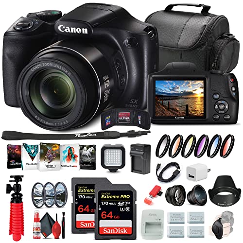 Canon PowerShot SX540 HS Digital Camera (1067C001), 2 x 64GB Memory Card, 3 x NB-6L Battery, Color Filter Kit, Filter Kit, Corel Photo Software, Charger, Card Reader, LED Light + More (Renewed)