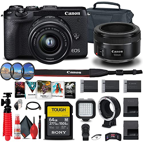 Canon EOS M6 Mark II Mirrorless Digital Camera with 15-45mm Lens and EVF-DC2 Viewfinder (3611C011) + Canon EF-M Lens Adapter + Canon EF 50mm Lens + 64GB Tough Card + Case + Filter Kit + More (Renewed)