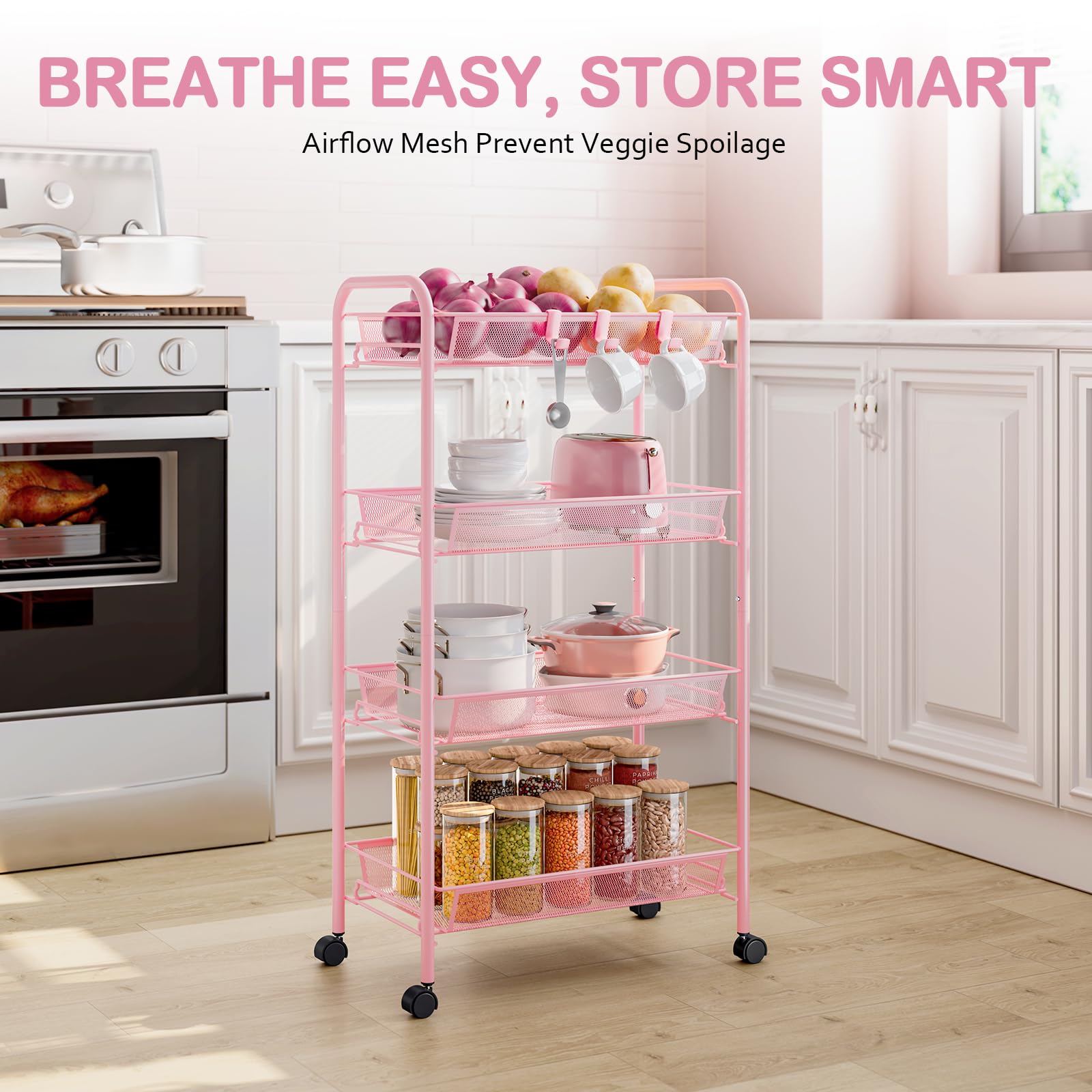 TOOLF 4-Tier Rolling Cart, Metal Utility Cart with 3 Hooks, Easy Assemble Mobile Storage Trolley On Wheels, Slide Out Shelving Units Kitchen Bathroom Laundry Room