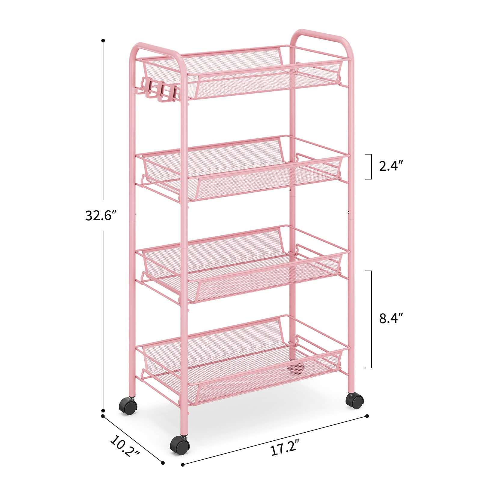 TOOLF 4-Tier Rolling Cart, Metal Utility Cart with 3 Hooks, Easy Assemble Mobile Storage Trolley On Wheels, Slide Out Shelving Units Kitchen Bathroom Laundry Room