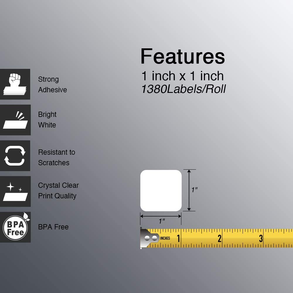 BETCKEY - 1" x 1" (25 mm x 25 mm) Square QR Code Labels Compatible with Zebra & More Label Printer,Premium Adhesive & Perforated [10 Rolls, 13800 Labels]