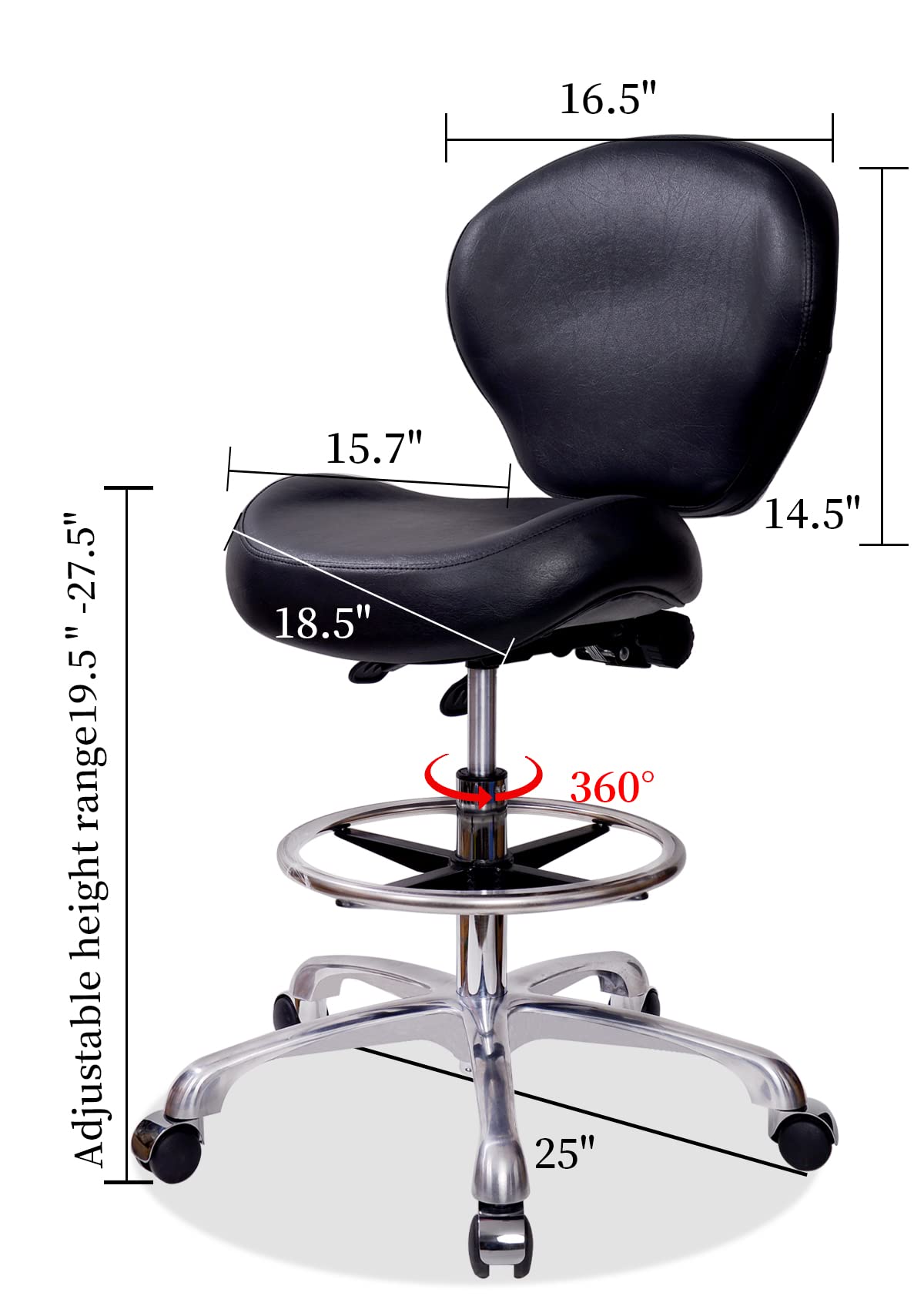 MWOSEN Height Adjustable Rolling Stools Drafting Chair with Backrest & Foot Rest,Tilt Back,Work from Home Chair,for Studio,Dental,Office,Salon and Counter, (Black)