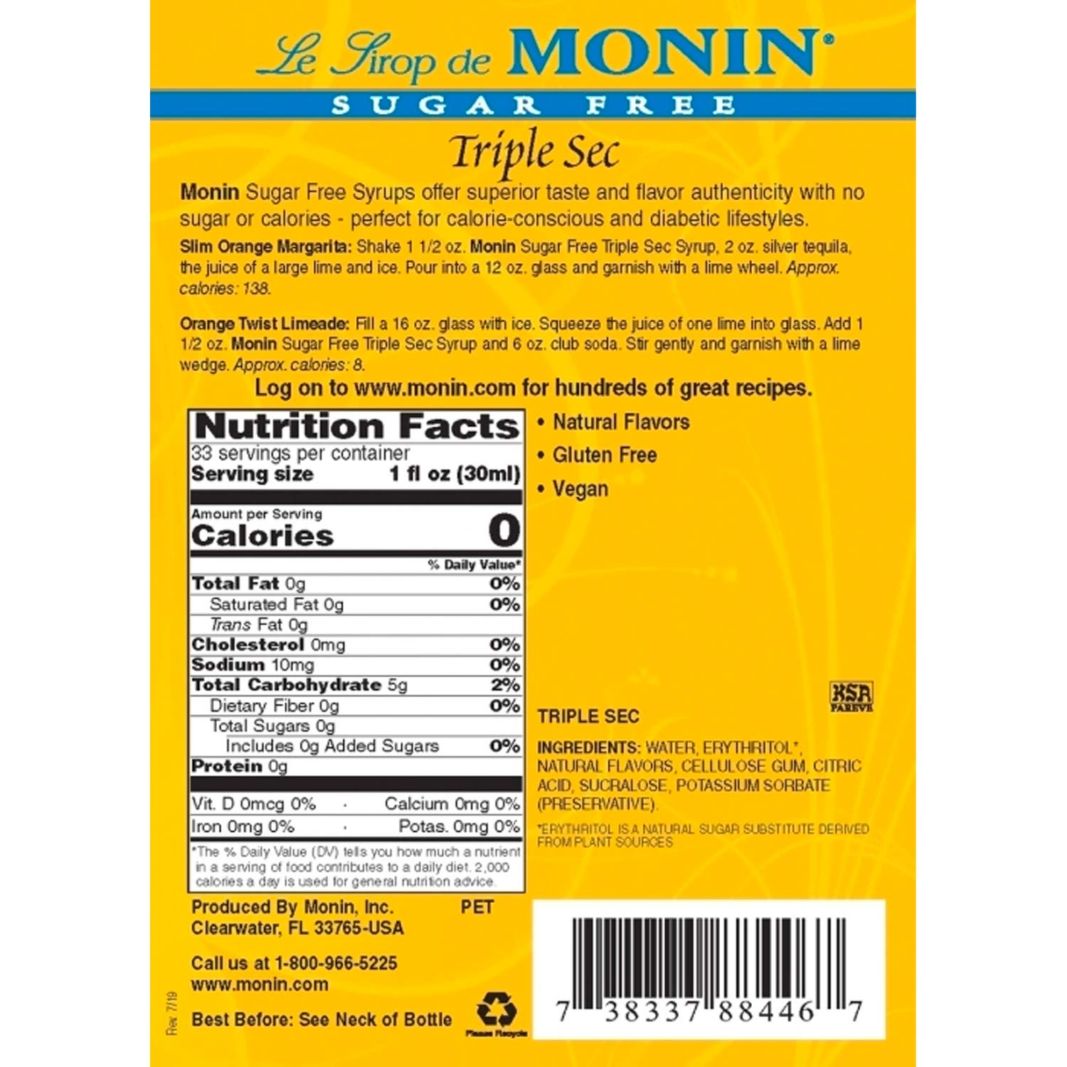 Monin - Sugar Free Triple Sec Syrup, Sweet Orange Flavor, Great for Cocktails, Mocktails, & Mochas, Gluten-Free, Non-GMO (1 Liter)