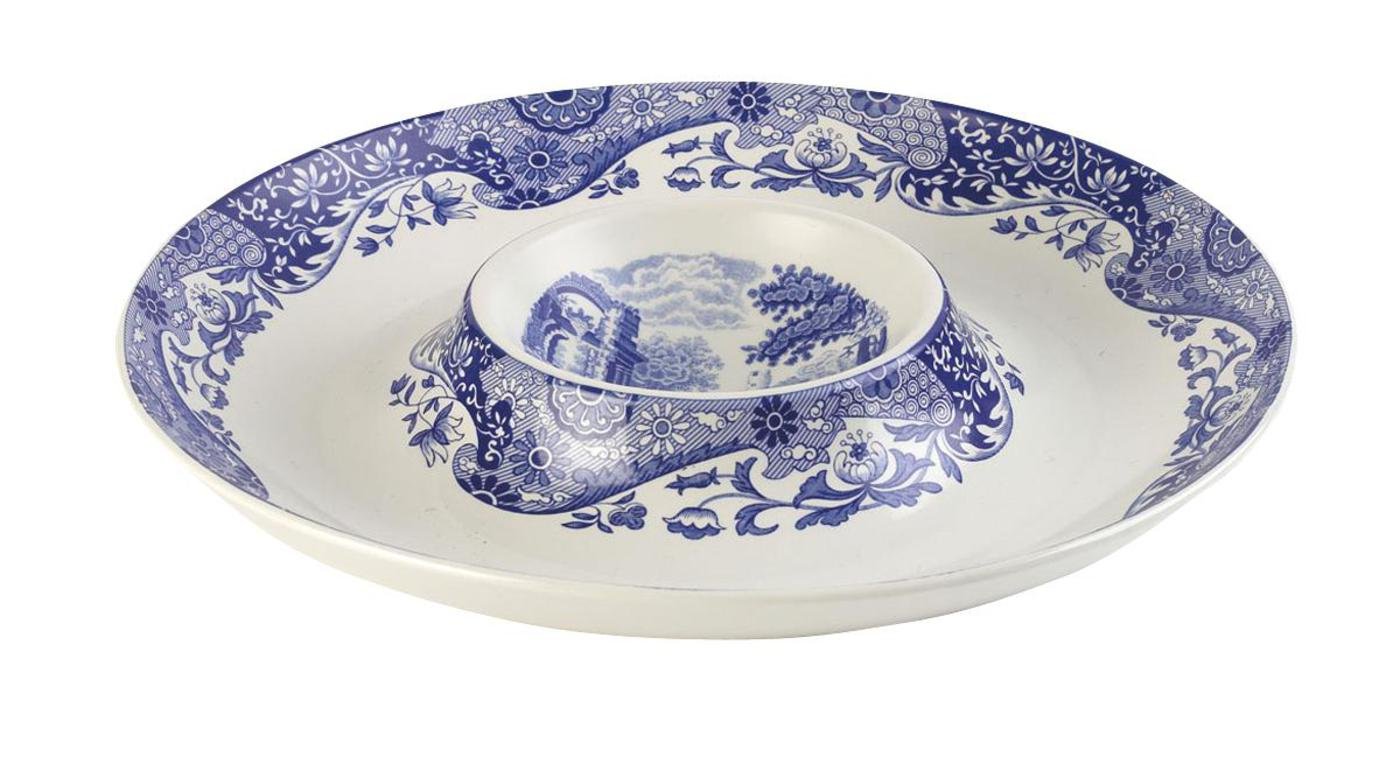 Spode Blue Italian Collection Chip and Dip Serving Tray, Use for Hosting, Display Appetizers, Cheese, Chips, and Salsa, 14.5-inch, Microwave and Dishwasher Safe